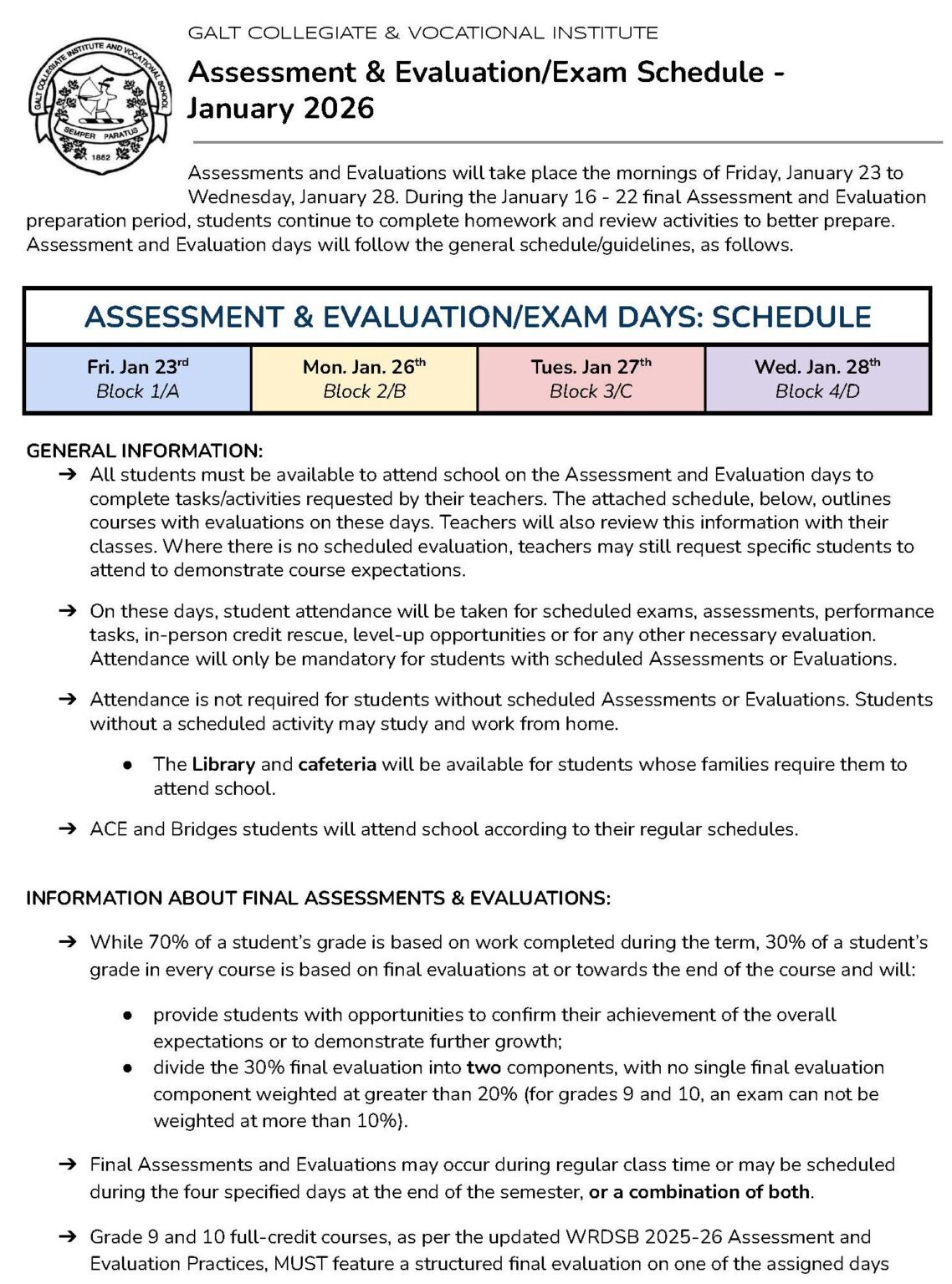 Assessment & Evaluation/Exam Schedule – January 2026 (Galt Collegiate ...