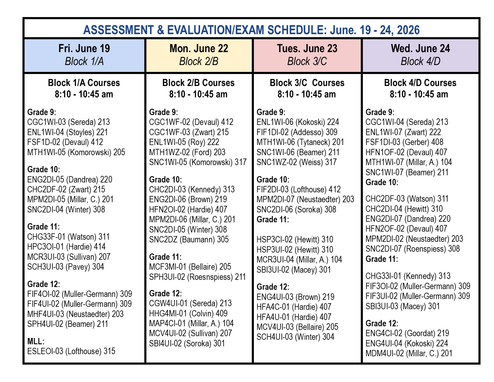 June Assessment & Evaluation/Exam Schedule (Galt Collegiate Institute)